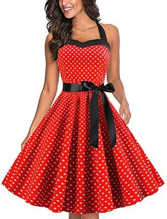 TOMWELL Robe Femme de Cocktail sans Manches Vintage 1950s Audrey Hepburn Pin Up Robe de Soirée Cocktail Elegante Halter Années 50 A Rouge XXL