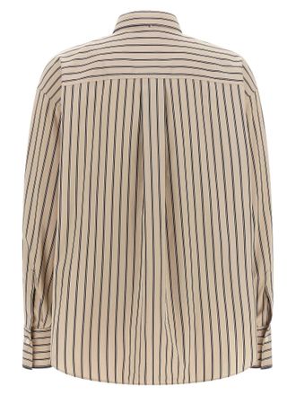 Brunello Cucinelli Striped Cotton with Integrated Tie Shirt - Beige