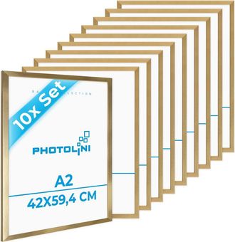 Photolini Bilderrahmen A2 Holz MDF Gold, 10er Set Picture Frame Rahmen 42x59,4 mit bruchsicherem Acrylglas, DIN A2 Bilderrahmen 42x60 zum Aufhängen, mit Zubehör