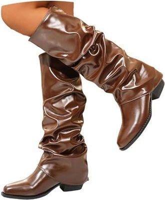 Generic Bottes déquitation montantes pour femme - Bottes plates et souples à bout rond - Cuir brillant - Large mollet - Talons blocs - Tendance - Vintage - Co