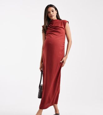 Asos Maternity ASOS DESIGN Maternity - Hochgeschlossenes, ärmelloses Midikleid in Rostrot mit drapiertem Ausschnitt-Bunt