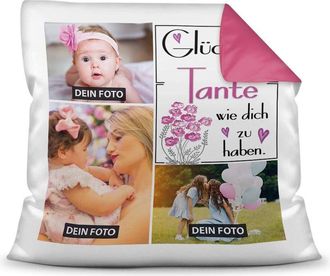 Tassendruck Kissen inkl. Kissenfüllung mit Fotocollage zum selbst Gestalten mit DREI Fotos und Spruch - Glück ist, eine Tante wie Dich zu haben - Farbkissen Rücks