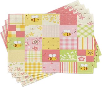 Abakuhaus Biene Platzmatten, Blumen- und geometrische entworfene Fliesen des Patchwork-Hintergrundes mit Fliegen-Gekritzel-Bienen, Waschbarer und Farbfester Sto