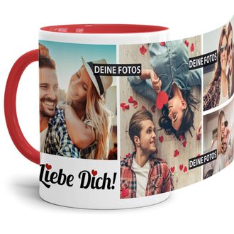 Tassendruck Fototasse mit Spruch - Ich Liebe Dich - zum Selbst gestalten personalisiert mit 4 Fotos, Innen & Henkel Rot, 300 ml