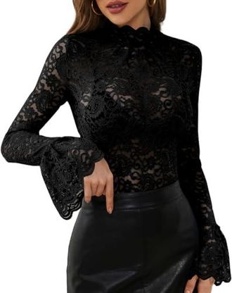 Minetom Femme T-Shirt Manches Longues Dentelle Chemisier Moulant Shirt Transparente Blouse Couleur Unie Hauts Tops B Noir S