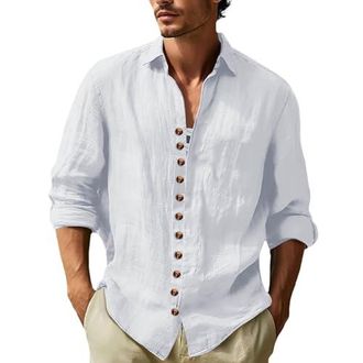 Generic Chemise en coton et lin pour homme Henley Gym Tops Casual Revers Coton Up Chemise &agrave; manches longues Tunique classique, blanc, XXL