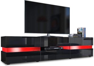 Vladon Lowboard Flow, Made in Germany, TV-Kommode mit Ambient Light Verglasung mit 2 Türen, 1 Schublade und 1 Klappe, Schwarz matt/Schwarz Hochglanz, inkl. L