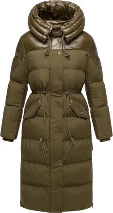 Navahoo Damen Langer Wintermantel warmer Steppmantel aus einem angesagten Materialmix und gro&szlig;er Kapuze Knusperherz 14 Khaki Gr. L
