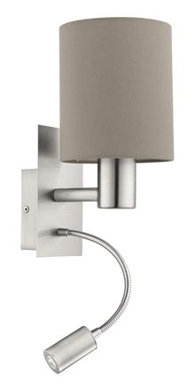 Eglo Wandlampe Bett Pasteri, Textil Wandleuchte Schlafzimmer mit LED Leseleuchte, Leselampe Wandmontage aus Metall in Silber und Stoff in Taupe, E27 Fassun