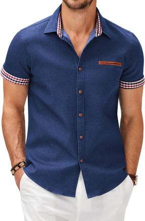 Coofandy Herren Hemd Kurzarm Jeanshemd Sommerhemd Kurzarmhemd M&auml;nner Freizeithemd Denim Button Down Shirt mit Kariert Kent-Kragen Blau 3XL