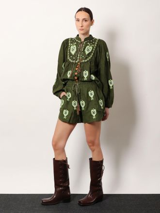 Farm Rio Womens Green Heart Tapestry Embroidered Shorts Linen