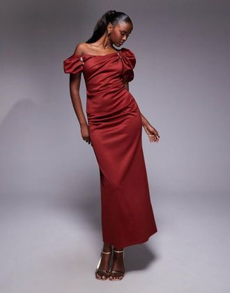 Asos Strukturiertes Midikleid in Rostrot mit Besatzdetail, &uuml;berschnittenen Schultern und Puff&auml;rmeln