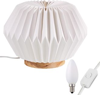 Hellum Tischlampe mit Design Papier Lampenschirm mit LED Glühbirne, Weiß Papierschirm mit Fuß aus Holz und Metall. Deko Tischleuchte mit 1,5m Kabel mit Steck