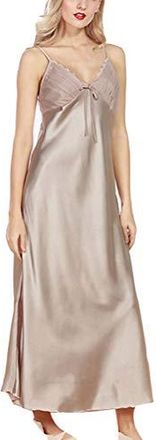 ORANDESIGNE Lingerie Femme Sexy Robe de Chambre Chemise de Nuit en Satin Pyjama Peignoir Sling Dentelle Col V Longue Robe de Nuit Kaki 36