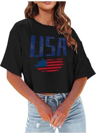 Generic Haut court patriotique d&eacute;contract&eacute; pour femme - Motif graphique 2025 - Style athl&eacute;tique - Ample - Col rond - Coupe ample - Mignon - Manches courtes - 