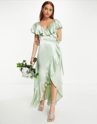 Topshop Robe portefeuille de demoiselle dhonneur en satin à volants - Sauge-Vert