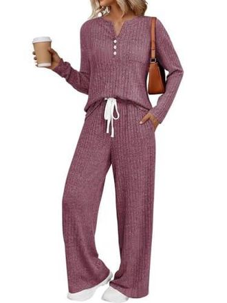 TOMWELL Pyjama Femme Hiver Ensemble Chic et Elegant Manches Longue Shirt et Pantalon &agrave; Jambes Larges A Vin Rouge M