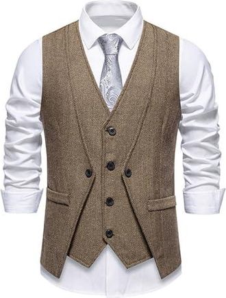 Generico Gilet de costume en tweed à chevrons pour homme vintage à deux rangées Steampunk Costume formel de mariage Gilet en laine daffaires Gilets pour oiseau