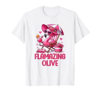 BDAZ Flamazing Olive Pink Flamingo Tropical Beach Trip Damen T-Shirt