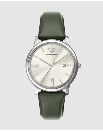 Emporio Armani montre argent&eacute;e en cuir vert &agrave; trois aiguilles avec date