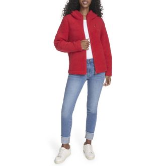 Tommy Hilfiger Damen-Kapuzenjacke mit Reißverschluss, Sherpa-Fleece, Scharlachrot, L