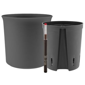 Leni Atlas Blumentopf mit Kulturtopf & Gie&szlig;anzeige Hydrokultur-Set | &Uuml;bertopf &Oslash; 21 cm H&ouml;he 20 cm Anthrazit Kunststoff matt | Pflanztopf f&uuml;r Hydrokultur