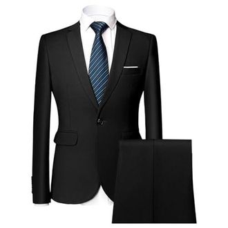 Generic Blazer 2 pi&egrave;ces pour homme &agrave; 1 bouton - Veste solide et pantalon - Blazer &agrave; revers crant&eacute; pour mariage, bal de fin dann&eacute;e, f&ecirc;te, Noir, XXL