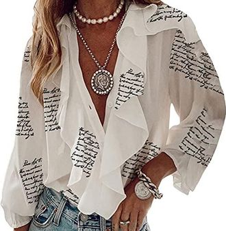 Minetom Chemisier Femme à Manches Longues Élégant Col en V Blouse de Bureau Sexy Tops T-Shirt à Volant A Lettre L