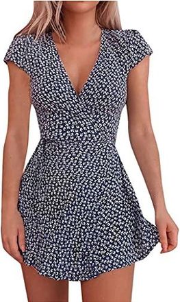 ORANDESIGNE Robes Casual Femme été Robe de Vacances Mini Robe à Fleurs Robe Sexy Taille Haute à Manches Courtes Robe à Col en V Robe de Plage Robe Courte en Mouss