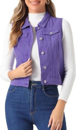 Allegra K Gilet en Denim Délavé Boutonné Femme Veste en Jean sans Manches avec Poches à Rabat Mauve XL
