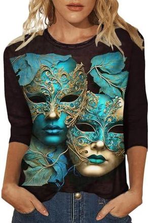 Generic Haut &agrave; manches 3/4 pour femme - Chemise de carnaval - Imprim&eacute; graphique - Col rond - &Eacute;l&eacute;gant et fin - D&eacute;contract&eacute; - Chemisier basique classique - Pour