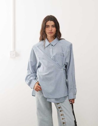 Lioness Notting Hill - Chemise &agrave; carreaux oversize et boutonn&eacute;e en coton avec &eacute;paulettes - Bleu pastel