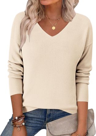 Zeagoo Pullover Damen Elegant Strickpullover Langarm V-Ausschnitt Lässiges Strickpulli Winter Sweatshirt Einfarbig Oberteile Beige M