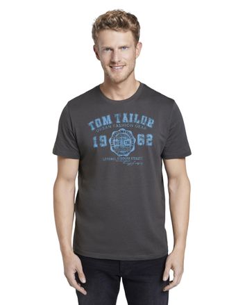 Tom Tailor Herren T-Shirt mit Logo-Print aus Baumwolle, Tarmac Grey, S