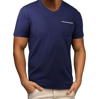 Generic T-shirt &agrave; col en V pour homme - L&eacute;ger et extensible - Couleur unie - Respirant - Manches courtes - Avec poche dentra&icirc;nement, 01 Bleu marine, XXL