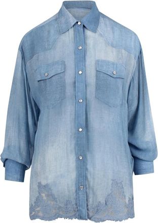 Ermanno Scervino Femme, Blouses et Chemises, Bleu, Taille: 40 FR Chemise en Georgette avec Imprim&eacute; Denim et Dentelle