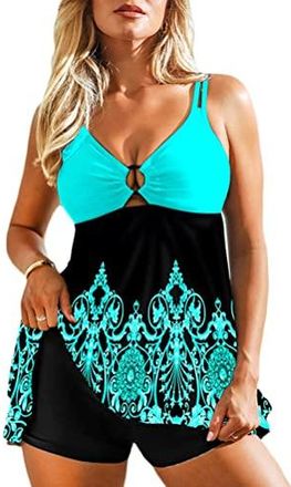 Minetom Maillot de Bain 2 Pièces Femme Tankini Ensembles Maillots Bikini Set Plage sans Manches Haut et Short B Bleu XL
