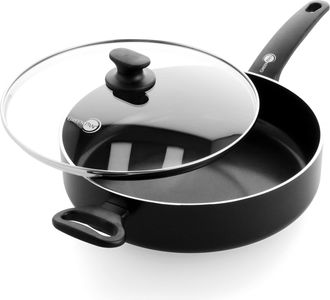 GreenPan Cambridge Schmorpfanne mit Deckel (24cm/3,1l), gesunde keramische Antihaftbeschichtung, PFAS-frei, induktionsgeeignet, spülmaschinengeeignet, Schwarz