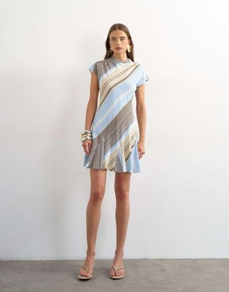 Topshop Gestreiftes Viskose-Kleid in Blau und Grau mit angesetzten &Auml;rmeln