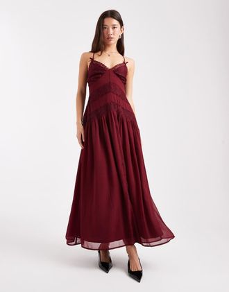 Miss Selfridge Robe caraco longue en mousseline et dentelle - Bordeaux-Rouge