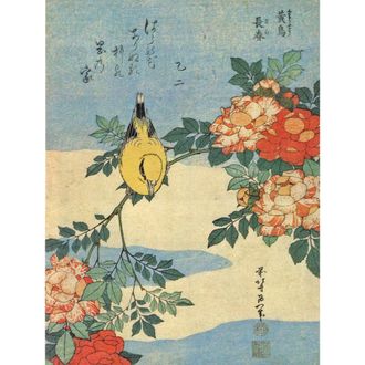 Wee Blue Coo Bumblebeaver Painting Japanese Bird Flowers FLORAL 30X40 CMS FINE Art Print Poster Farbe Vogel Blume Kunstdruck