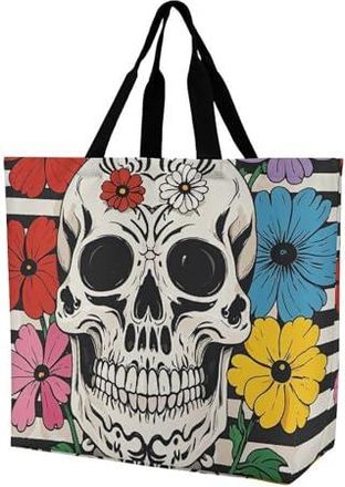 Generic Squelette Et Fleur En Noir Et Blanc Sac Fourre-Tout Grand Sacs De Courses L&eacute;ger Sac Cabas Pour Travail Shopping Quotidienne