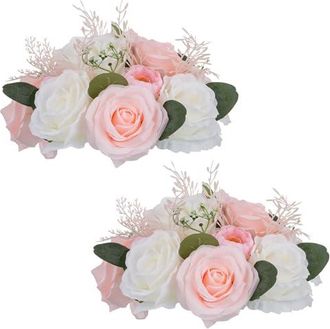 Nuptio Centres de Table en Fleurs Artificielles: 2 Pièces 24cm Diamètre Fausses Fleurs Roses Rose & Blanc Composition Boules Soie Faux Bouquet Mariage pour M