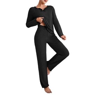 Generic Pyjama 2 pi&egrave;ces en tricot torsad&eacute; pour femme, tendance, &agrave; manches longues, col en V, haut c&ocirc;tel&eacute; avec pantalon ample confortable, confortable et doux,