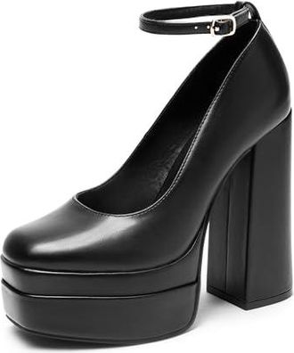 Dream Pairs Escarpins à talons hauts et bout fermé pour femme - Bout carré - Sangle de cheville - Chaussures tendance Y2K, Polyuréthane noir., 40 EU