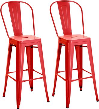 HOMCOM 2er-Set Industrie-K&uuml;chenhocker mit Abnehmbarer R&uuml;ckenlehne und Fu&szlig;st&uuml;tze, Moderne Metallhocker, 44x49x116 cm, Rot