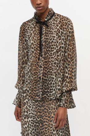 Ganni gemischt Chiffon-String-Hemd mit Leopardenmuster und Bindeband Viskose - Gr&ouml;&szlig;e 34