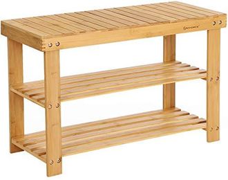 Songmics Banc Étagère à Chaussures en Bambou Naturel 3 Niveaux (Charge admissible: 120 kg) Idéal pour lentrée, Salle de Bain, Salon, Couloir LBS04N