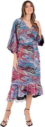 Lovedrobe Womens Ladies Maxi Dress V-Neck Kimono Half Sleeve Wrap Front High-Low Hem Abstract Print Waist Tie A-Line Summer Multi 48