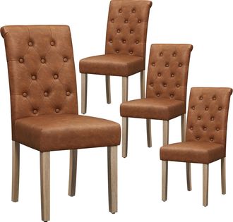 Yaheetech 4X Esszimmerst&uuml;hle K&uuml;chenstuhl Polsterstuhl mit hoher R&uuml;ckenlehne, Beine aus Massivholz, gepolsterte Sitzfl&auml;che aus Kunstleder, Braun